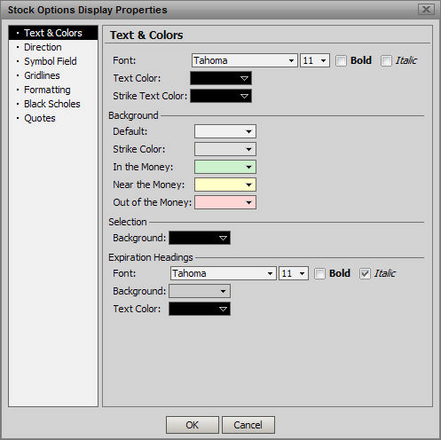 Set Stock Options Window Display Properties